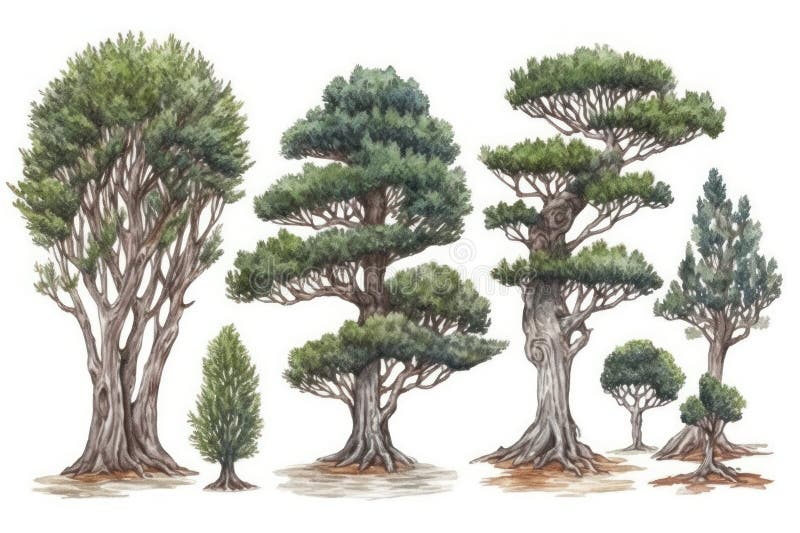 Hand-Drawn Watercolor Juniper Trees Collection: Forest Pack 1 . Stock ...