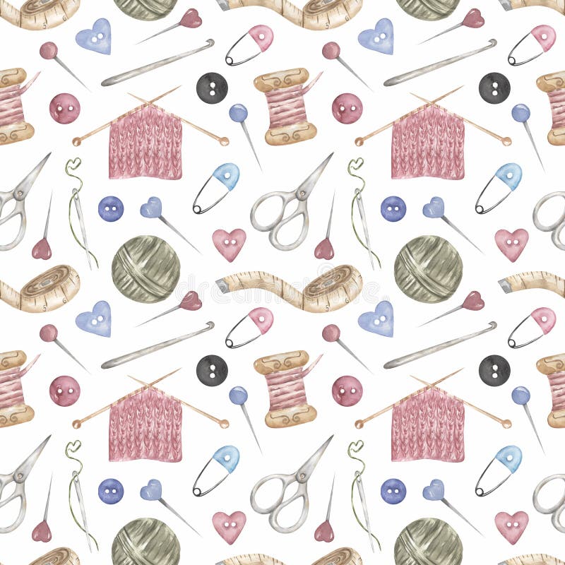Hand-drawn Watercolor Knitting Elements Repeat Paper. Crafts and ...