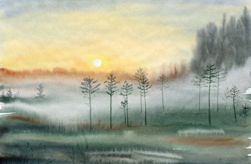 Hand Drawn Watercolor Landscape with Summer in Forest Stock Image ...