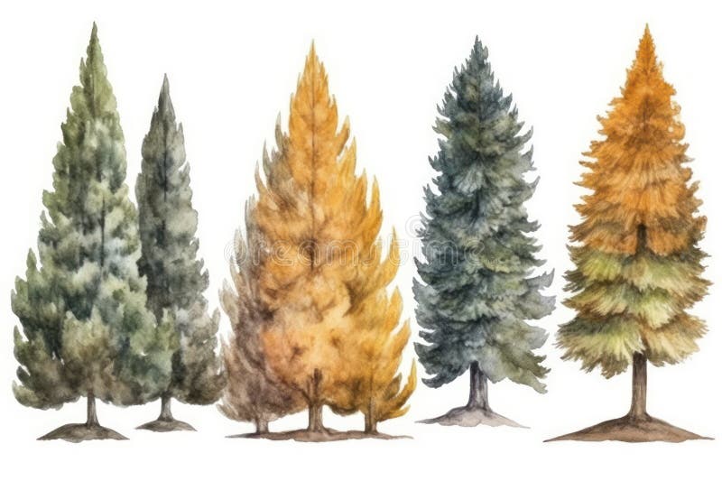 Hand-Drawn Watercolor Larch Trees Collection for Forest Scenes . Stock ...
