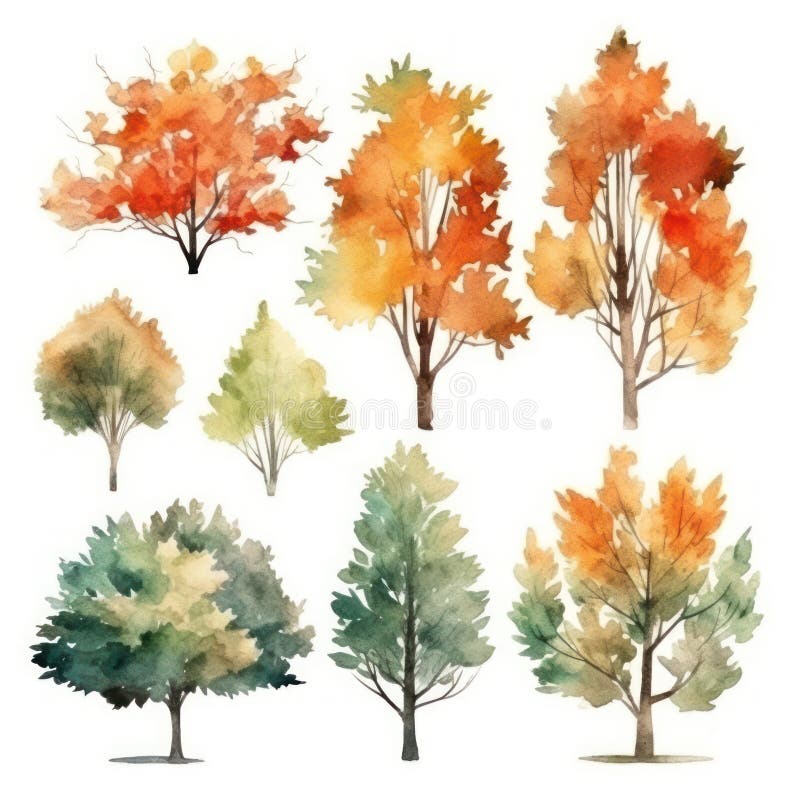 Hand-Drawn Watercolor Maple Trees Collection: Set of Maple Trees for ...