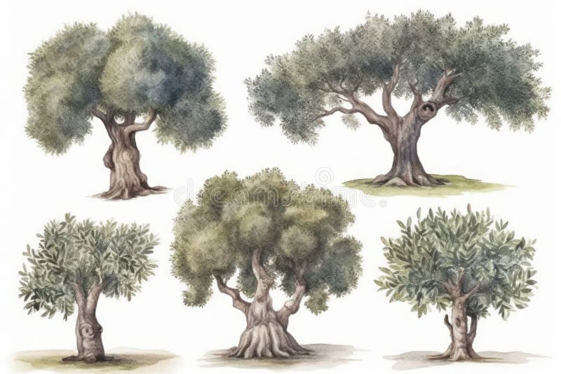 Hand-Drawn Watercolor Olive Trees Collection: a Forest of Olive Trees . Stock Illustration ...