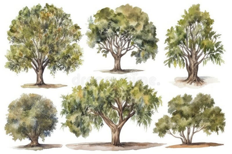 Hand-Drawn Watercolor Pecan Trees Collection: Set of Pecan Trees in a ...