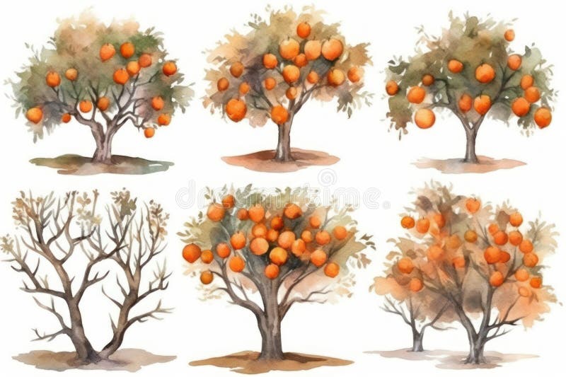 Hand-Drawn Watercolor Persimmon Trees Collection: Forest Pack 1 . Stock ...