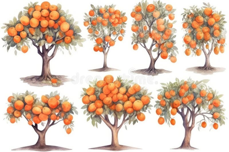 Hand-Drawn Watercolor Persimmon Trees Collection: Forest Pack of Three ...