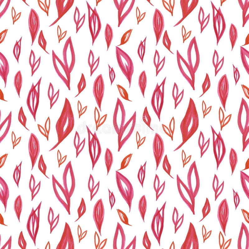 Hand Drawn Watercolor Red Abstract Leaves Seamless Pattern on the White ...