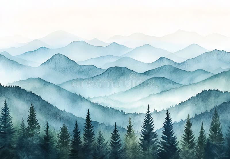 A Hand-drawn Watercolor Scene of High Mountains and a Mist-covered ...