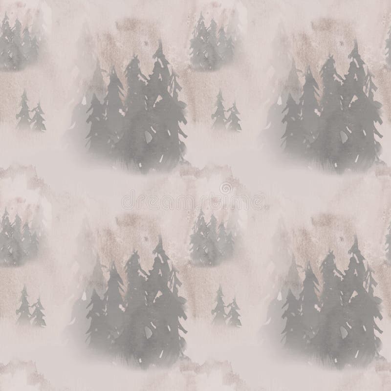 Hand Drawn Watercolor Seamless Pattern in Fog Forest Stock Illustration ...