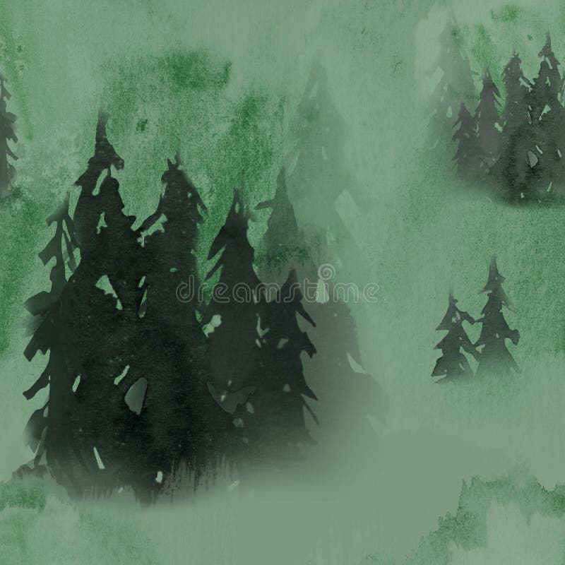 Hand Drawn Watercolor Seamless Pattern in Fog Forest Stock Illustration ...