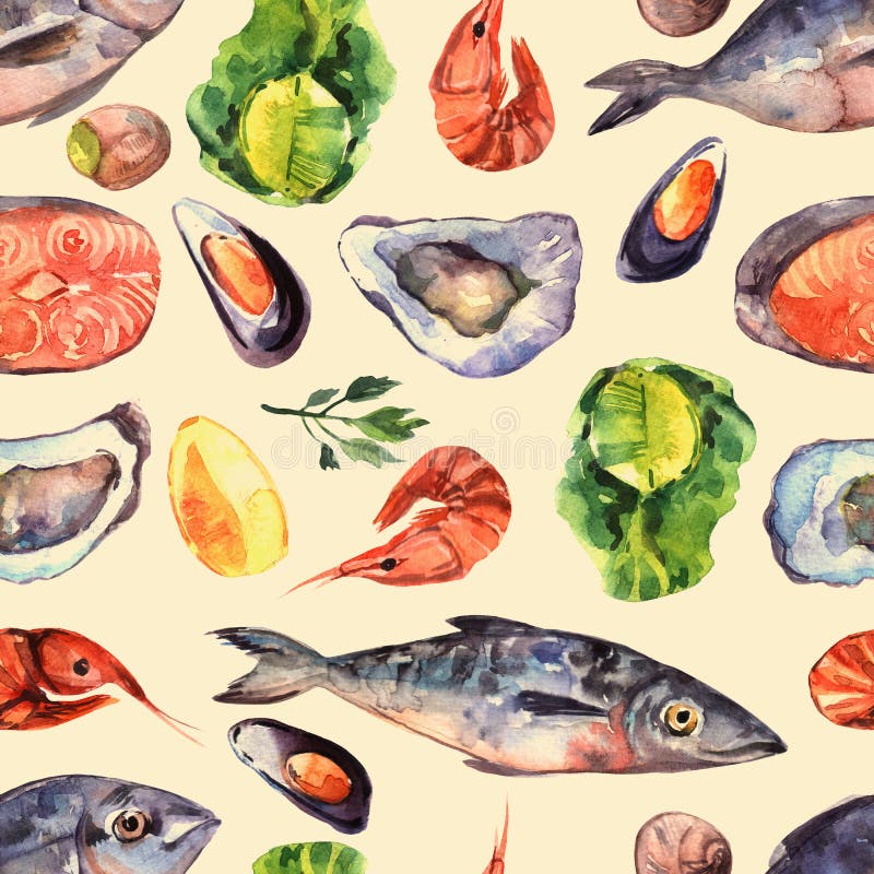 Hand Drawn Watercolor Seamless Pattern with Seafood. Stock Illustration ...