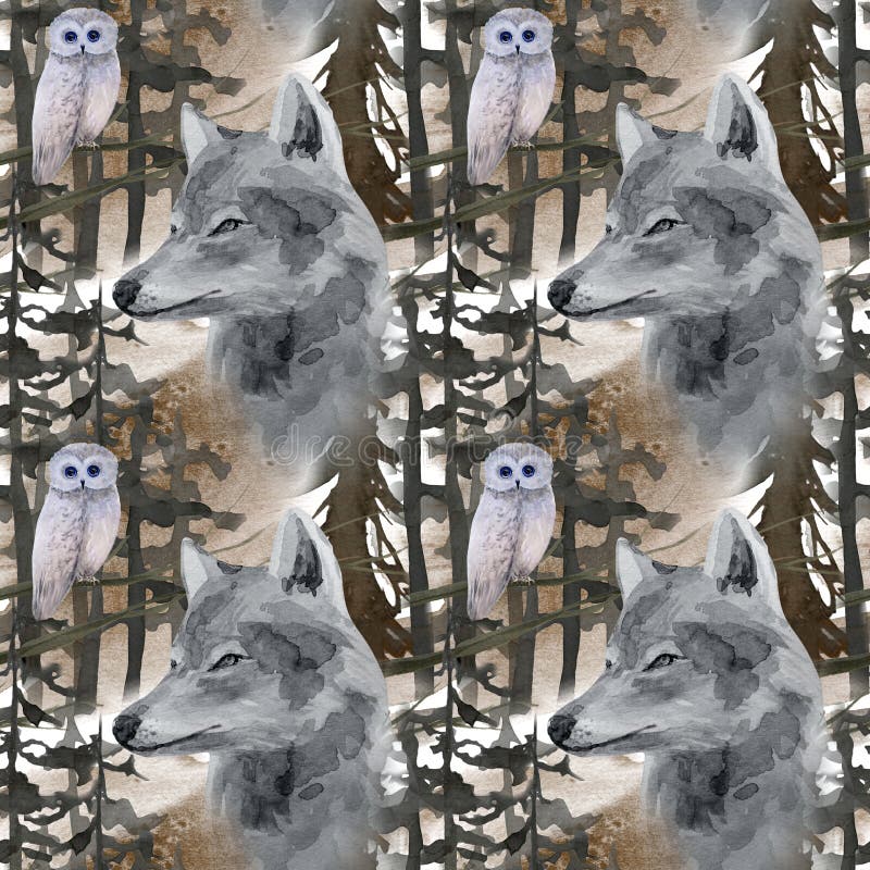 Hand Drawn Watercolor Seamless Pattern with Wolf and Owl in Forest ...
