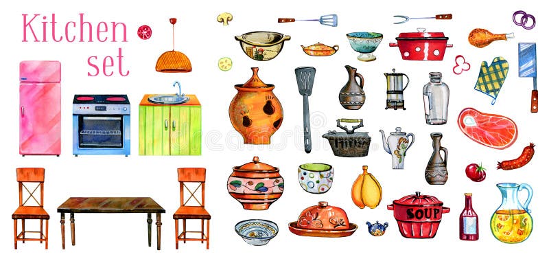 Hand Drawn Watercolor Set of Stylized Kitchen Interior and Objects ...
