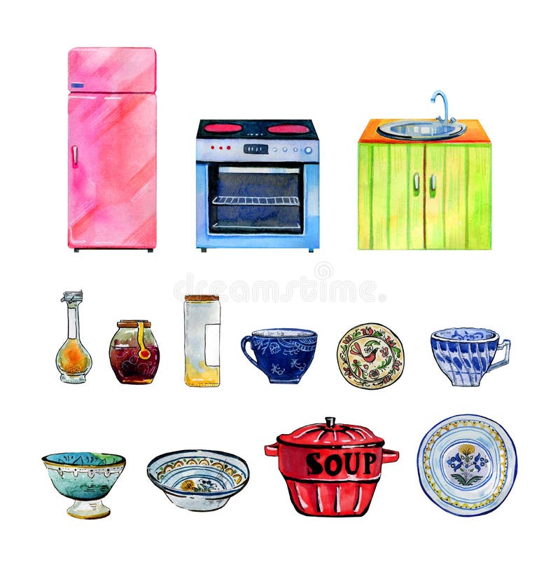 Hand Drawn Watercolor Set of Stylized Kitchen Objects. Oven ...