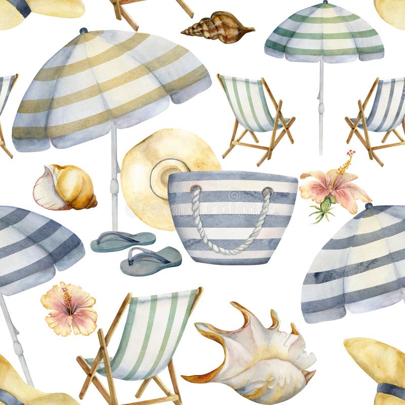 Hand Drawn Watercolor Striped Beach Chair Umbrella Hat Bag Sea Shell