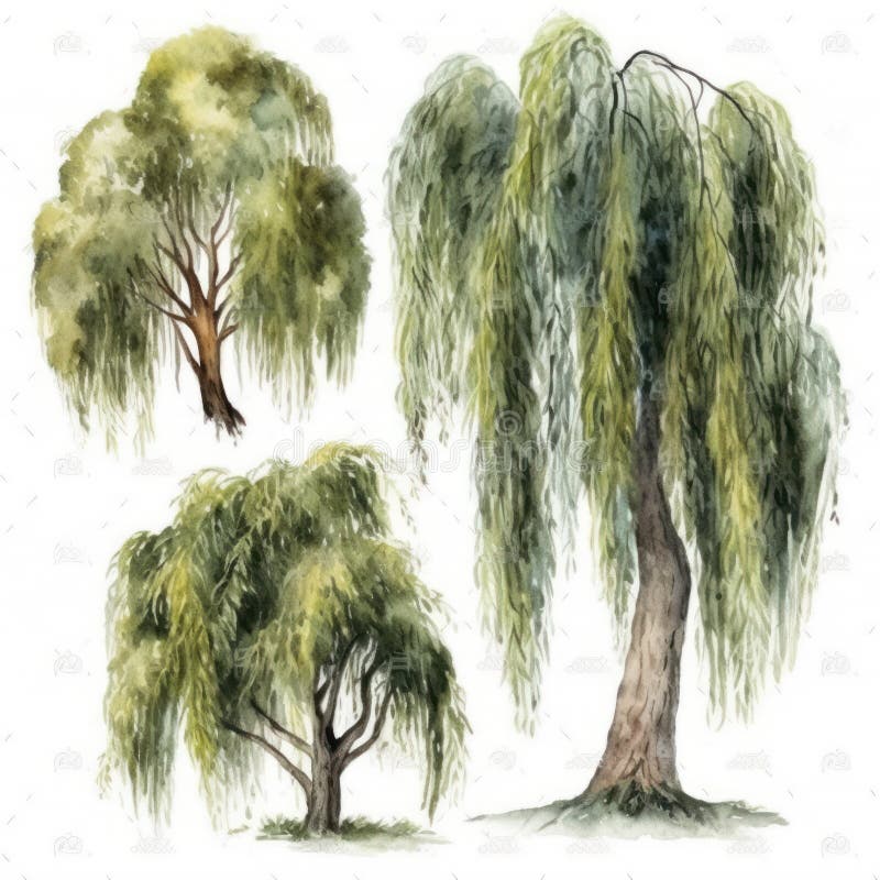 Hand-Drawn Watercolor Willow Trees Collection: Set of Willow Trees for ...