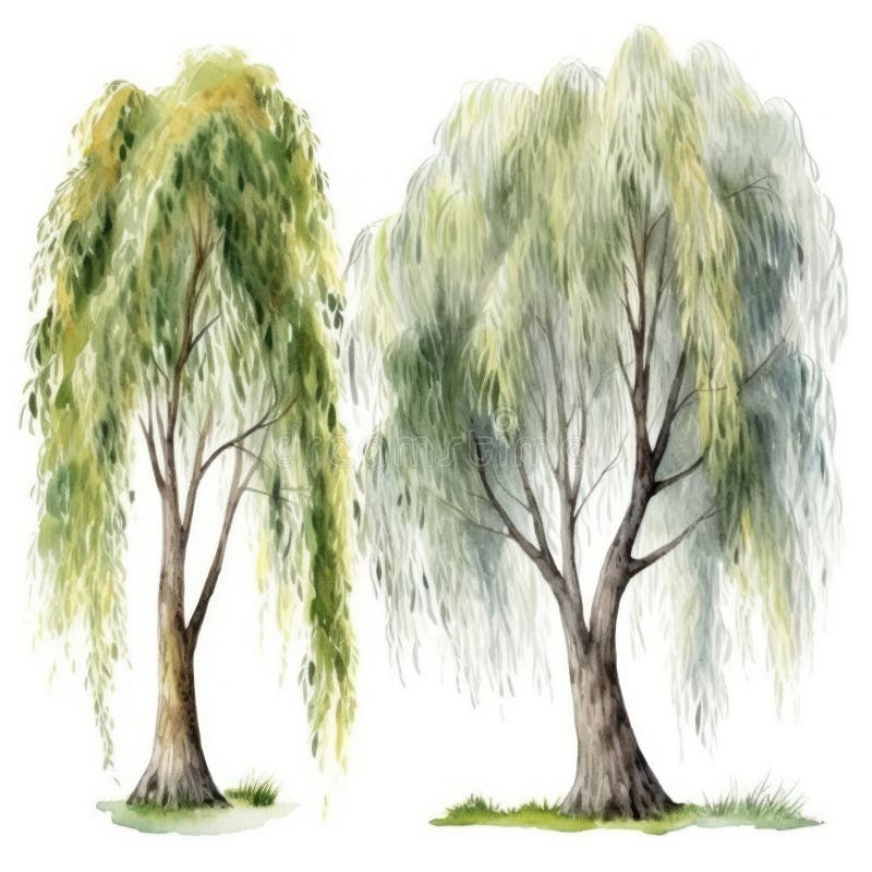 Hand-Drawn Watercolor Willow Trees Collection: Set of Willow Trees for ...