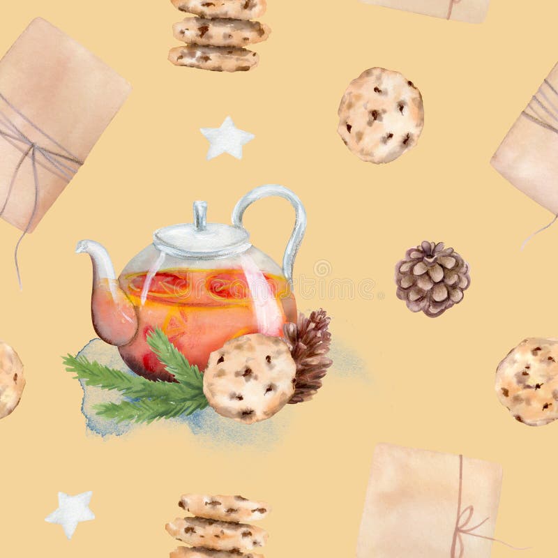 Hand-drawn Watercolor Winter Seamless Pattern with Tea and Cookies ...