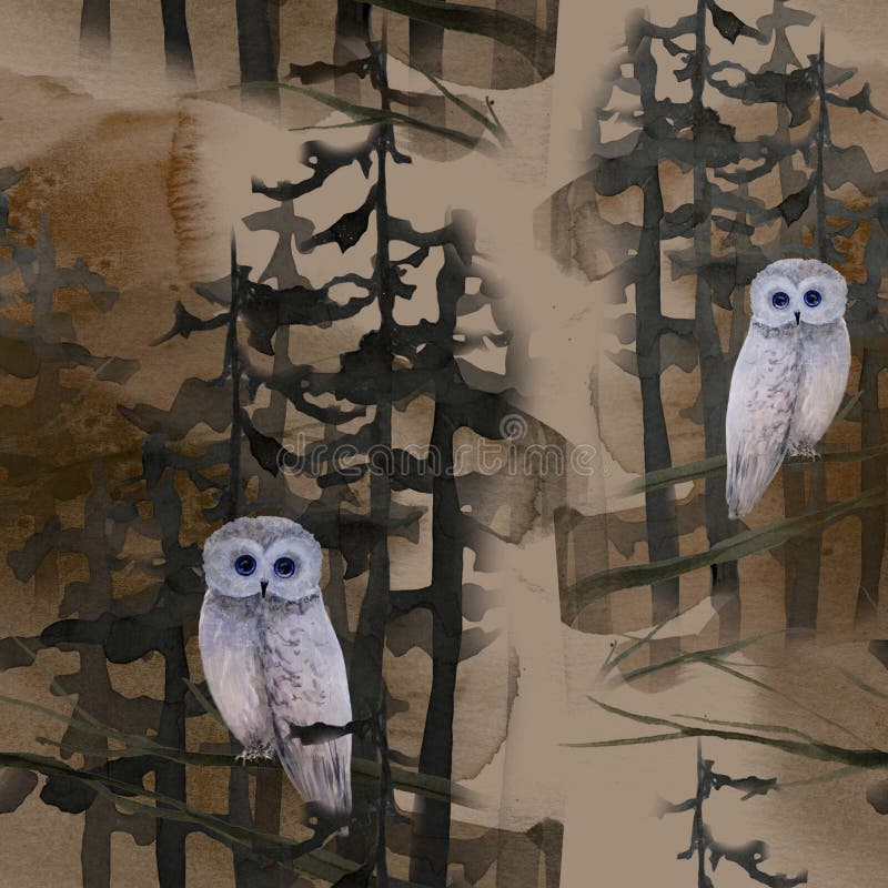 Hand Drawn Watrcolor Seamless Pattern Owl in Night Forest Stock ...