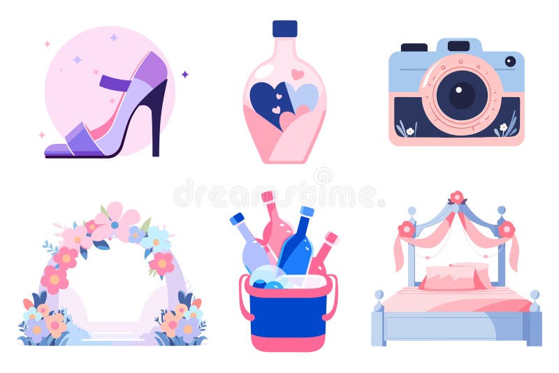 Hand Drawn Wedding Objects in a Wedding Concept in Flat Style Stock ...
