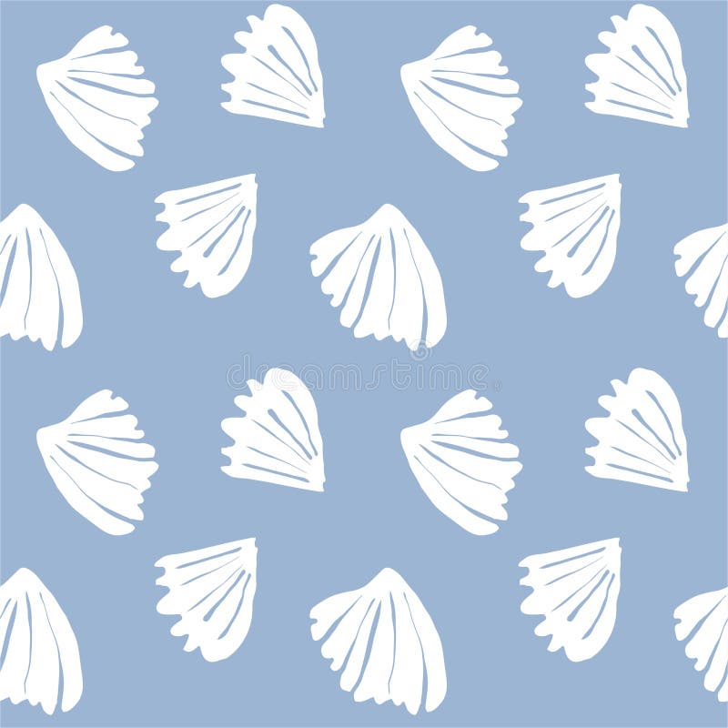 Hand Drawn White Sea Shells Scallops Blue Seamless Pattern in Doodle ...