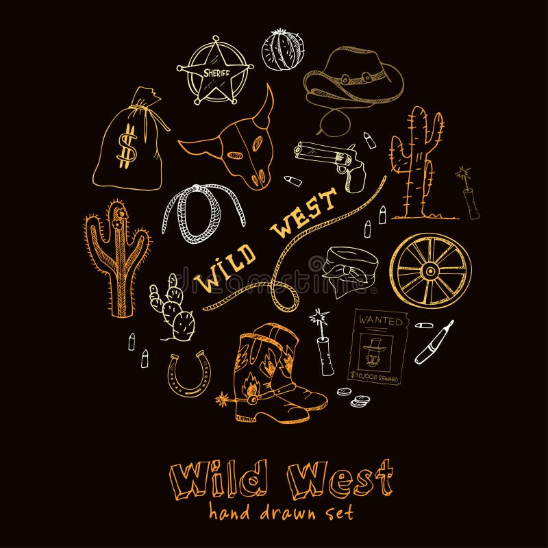 Hand drawn wild west set. stock vector. Illustration of saloon - 71837270