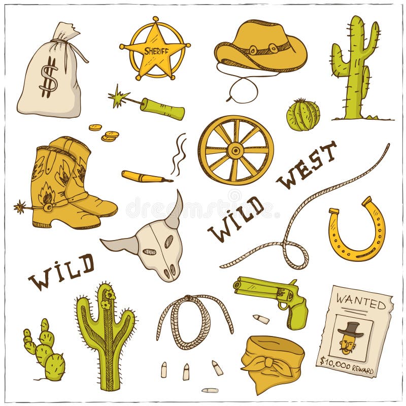Hand drawn wild west set. stock vector. Illustration of background ...