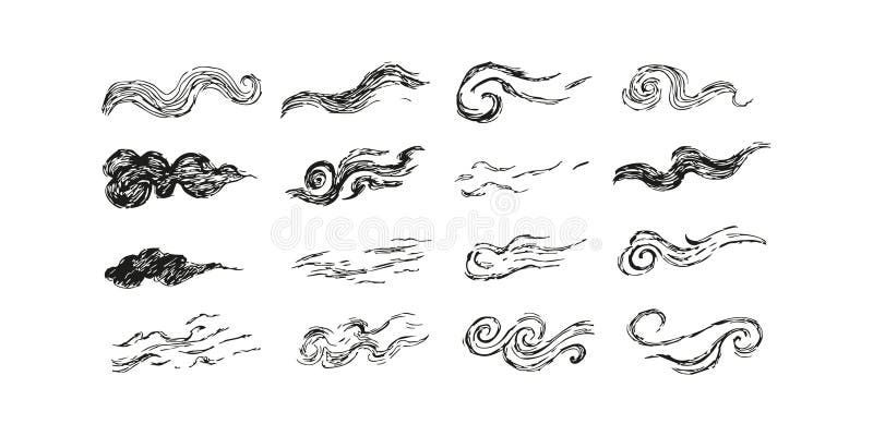 Hand-Drawn Wind and Cloud Elements Set. Artistic Weather Symbols ...