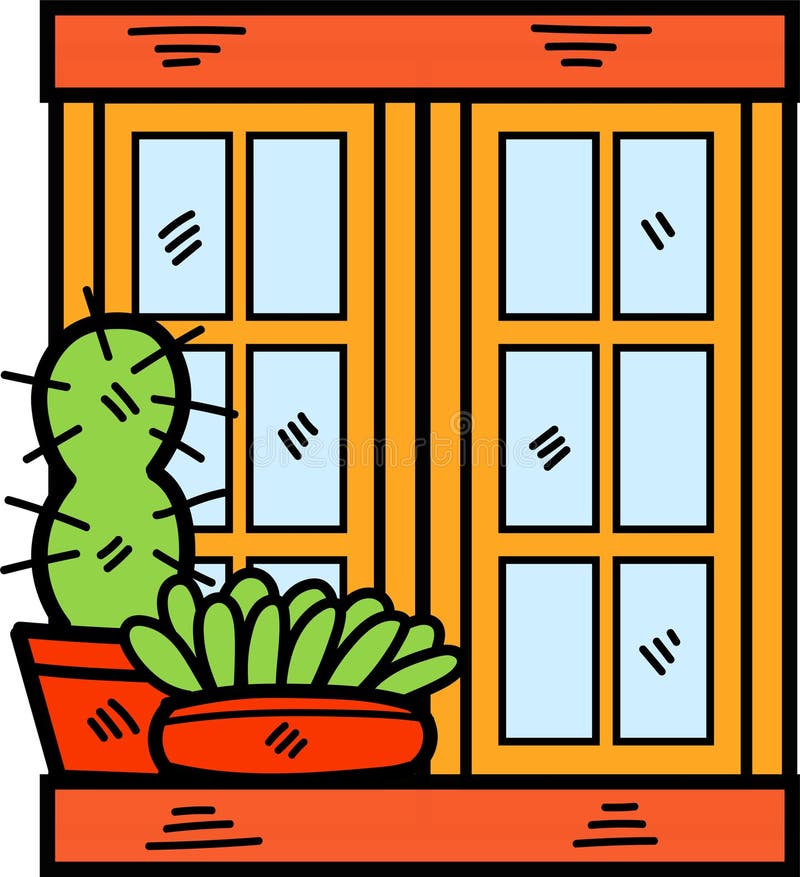 Hand Drawn Window and Cactus in Flat Style Stock Vector - Illustration of fresh, indoor: 318166795