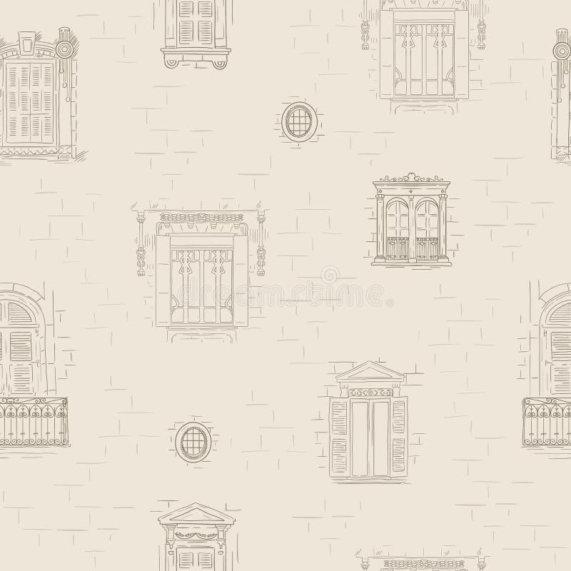 Hand Drawn Windows Paper Pattern Background. Vintage Architecture Line ...