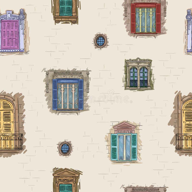 Hand Drawn Windows Pattern Background. Vintage Artistic Architecture ...