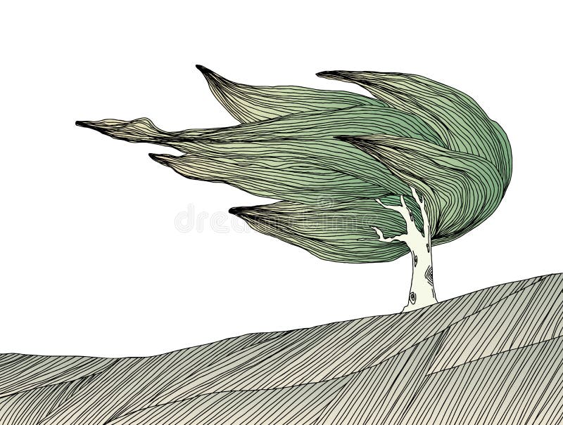 Hand Drawn Windy Tree on the Hill Stock Vector - Illustration of ...