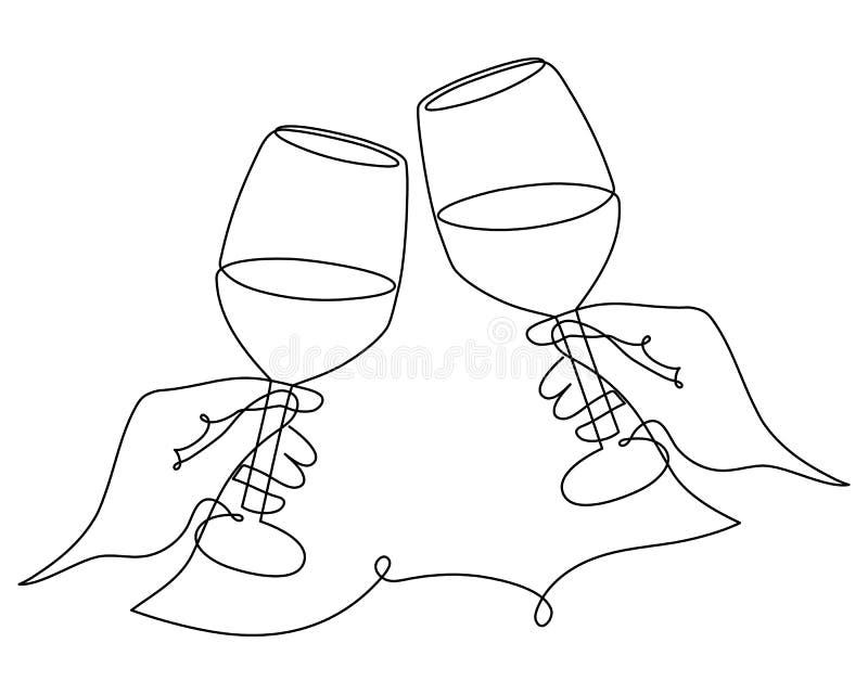 Hand Drawn Wine Clinking Glasses One Line Artcontinuous Drawing Contourcheers Toast Festive