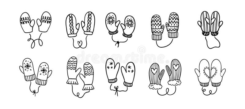 Hand Drawn Winter Mittens. Doodle Cute Mittens Elements Black on White ...