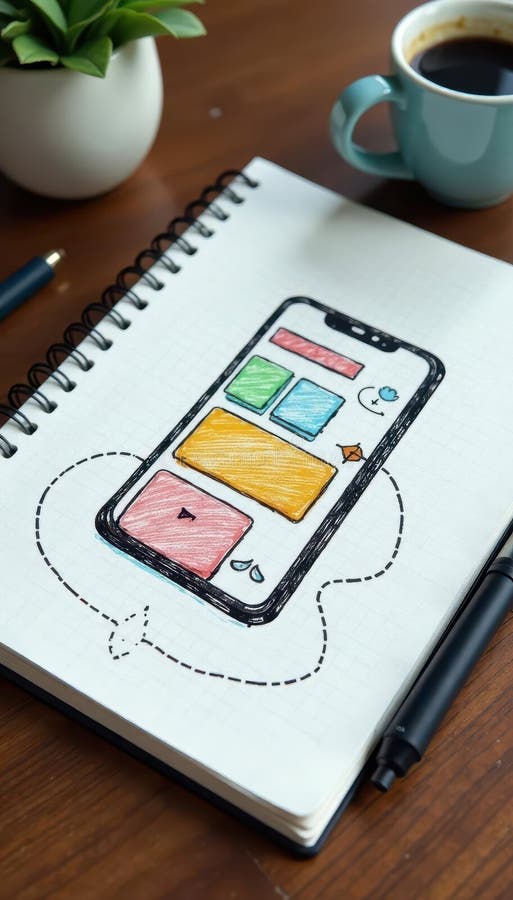 Hand Drawn Wireframe on Notebook, Showcasing Mobile App Landing Page ...
