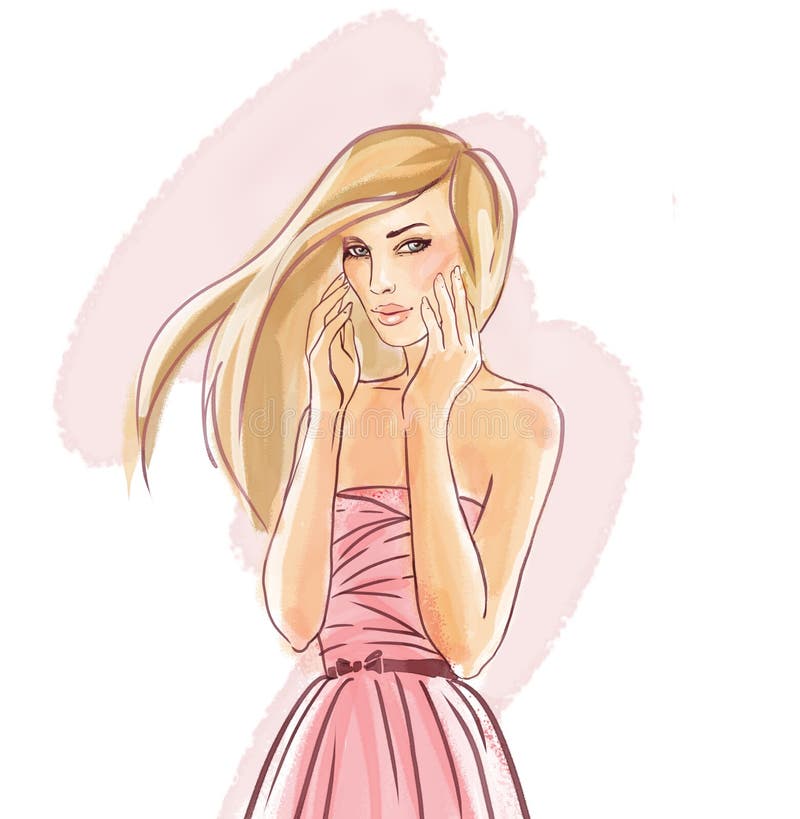 Hand-drawn Woman Touch Her Face Stock Illustration - Illustration of ...