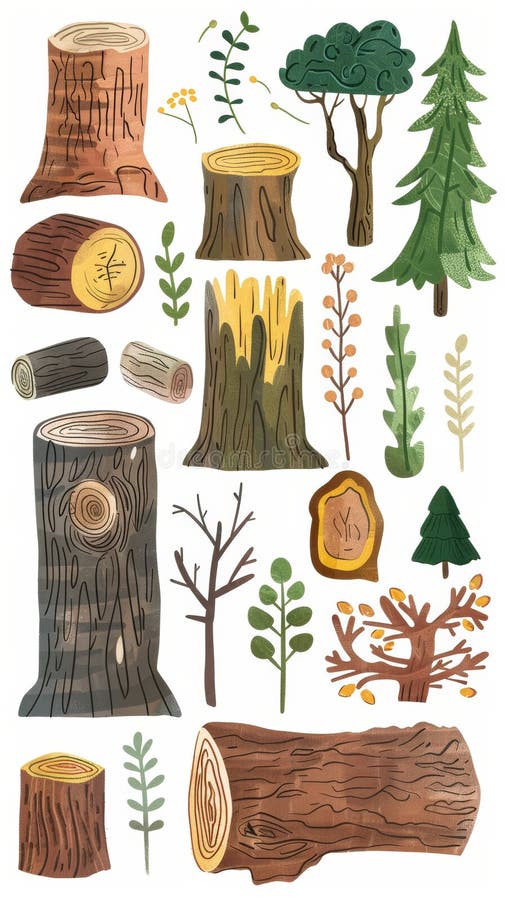 Hand-drawn Wooden Logs, Branches, and Tree Slices for Use in Design ...