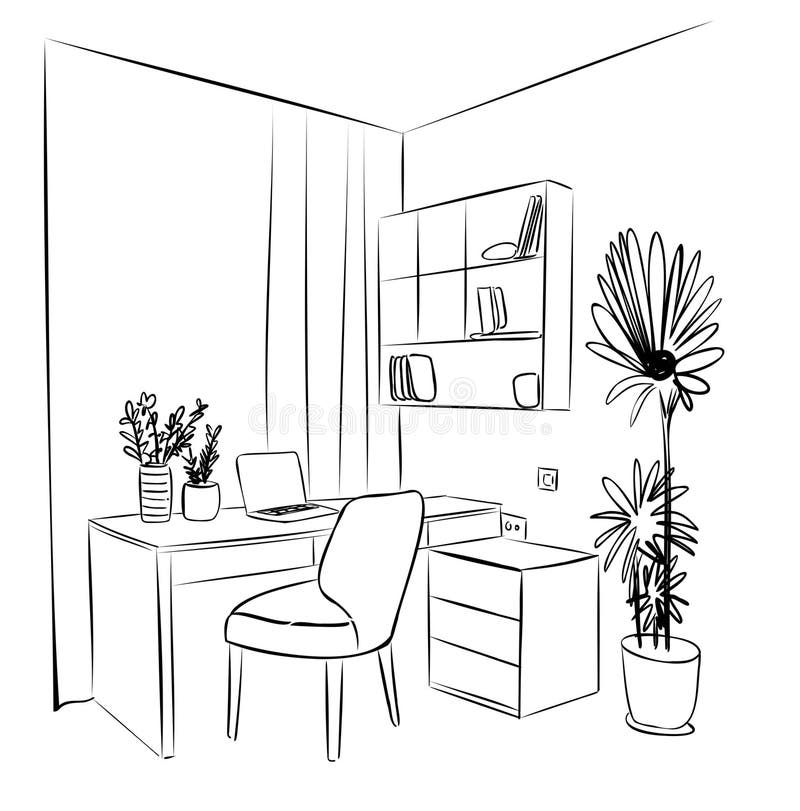 Hand Drawn Workplace. Chair and Computer Sketch. Home Office Stock ...