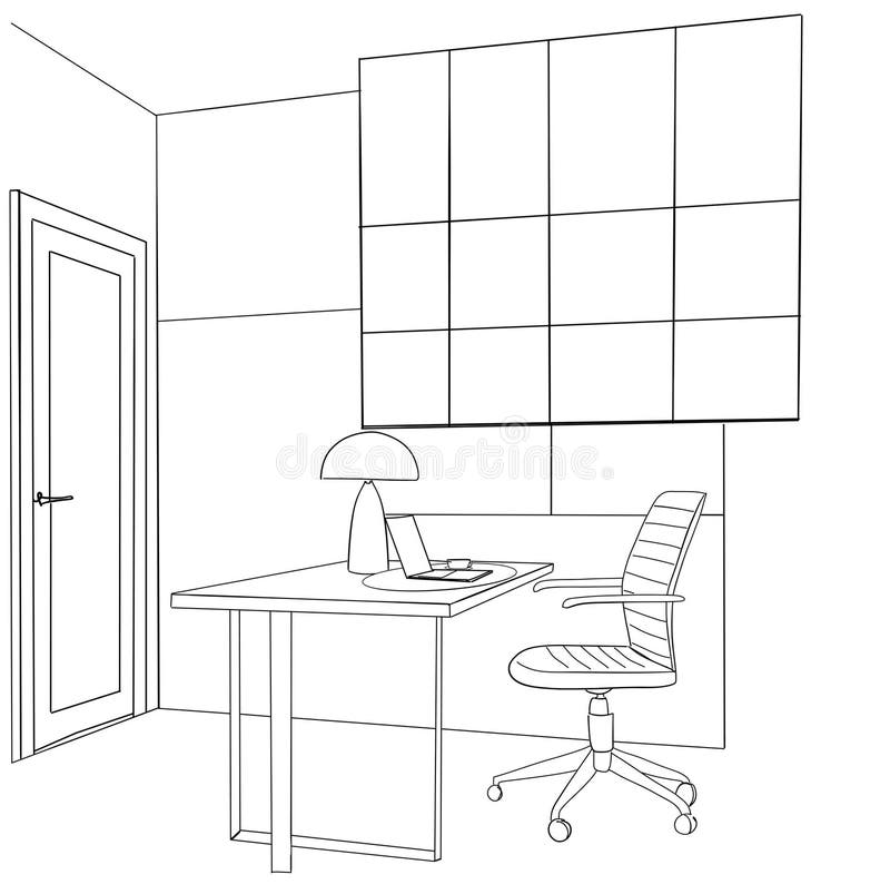 Hand Drawn Workplace. Chair and Computer Sketch. Office Interior Stock ...