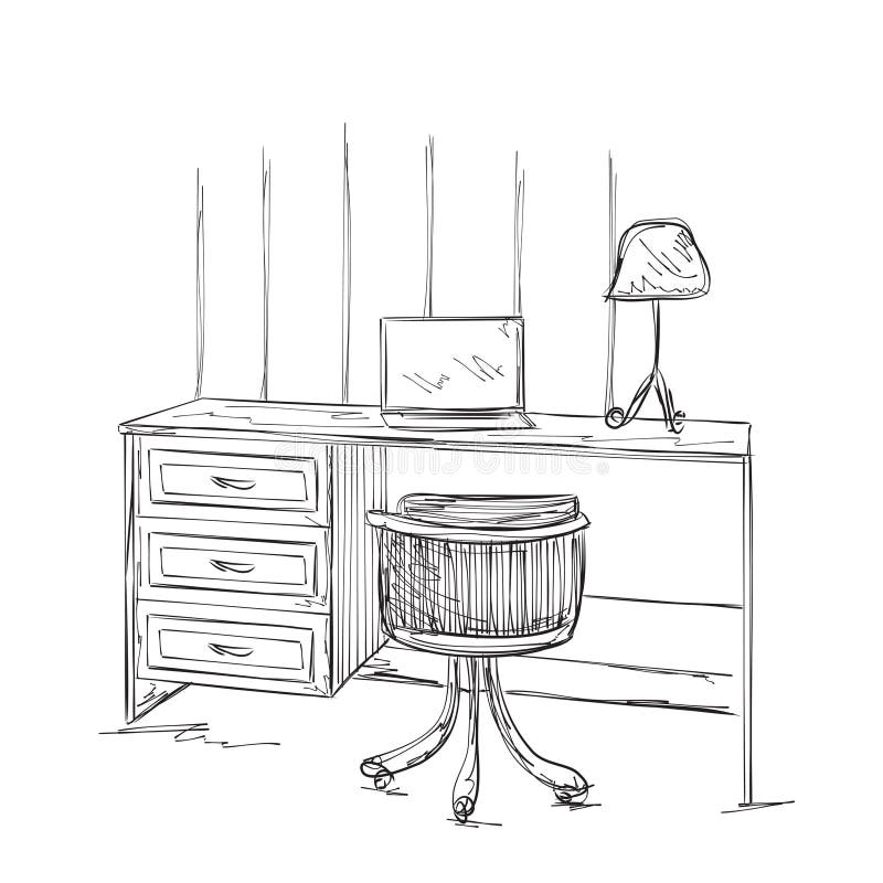 Hand Drawn Workplace. Furniture Sketch Stock Vector - Illustration of ...
