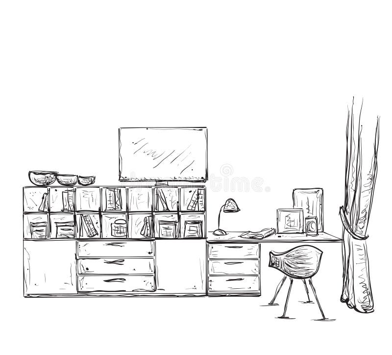 Workplace Sketch in Office or Home. Stock Vector - Illustration of ...