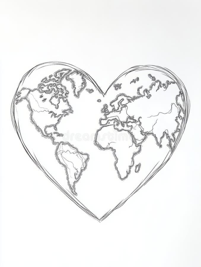 Hand-drawn World Map in Heart Shape. Stock Illustration - Illustration ...