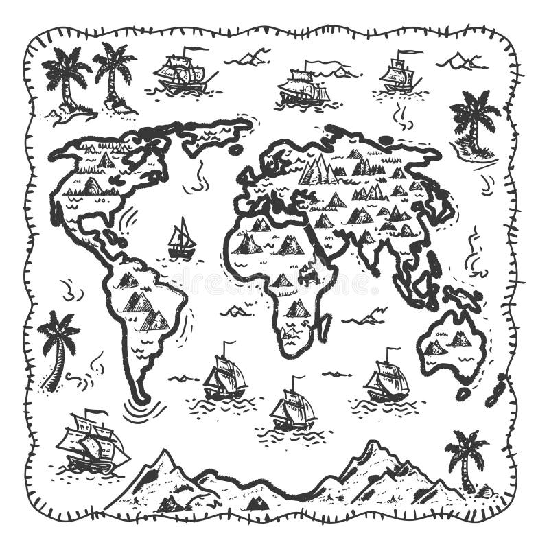 Hand-drawn Vintage World Map with Sailing Ships and Palm Trees ...