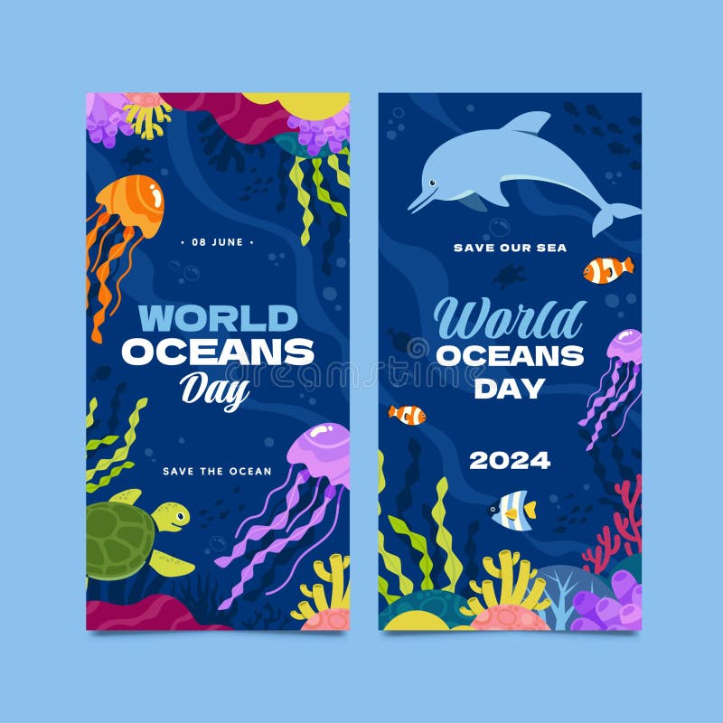 Hand Drawn World Oceans Day Banner Set Stock Illustration ...