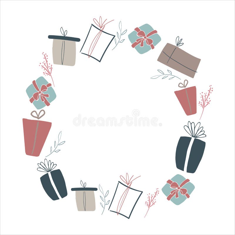 Hand Drawn Wreath with Different Gift Boxes in a Circle Stock Vector ...