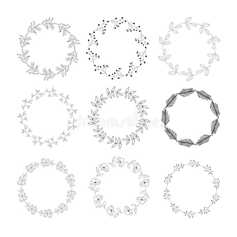 Botanical Circle Frame. Hand Drawn Round Line Border, Leaves and ...