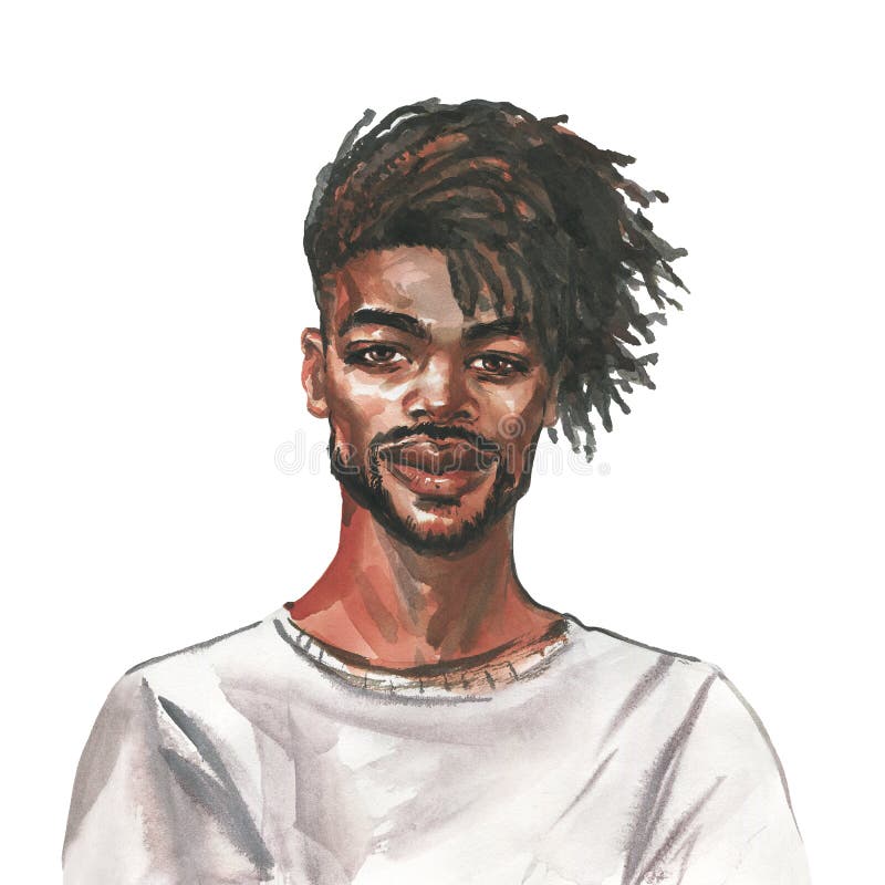 Hand Drawn Young African Man on White Background. Watercolor Realistic ... Hand Drawn Young African Man on White Background. Watercolor Realistic ...