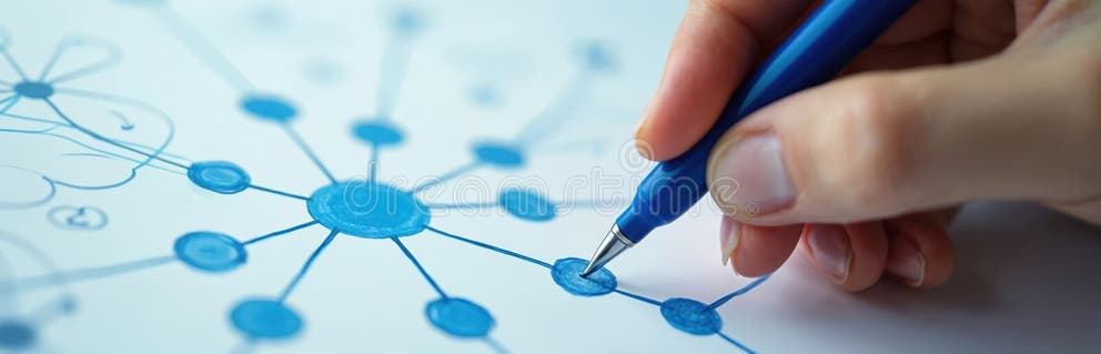 Hand Draws Connections on Diagram Representing Network Structure. Blue ...