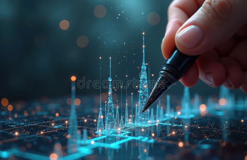Hand Draws Digital Graph with Pen. Abstract Data Visualization. Tech Trends in Digital World ...