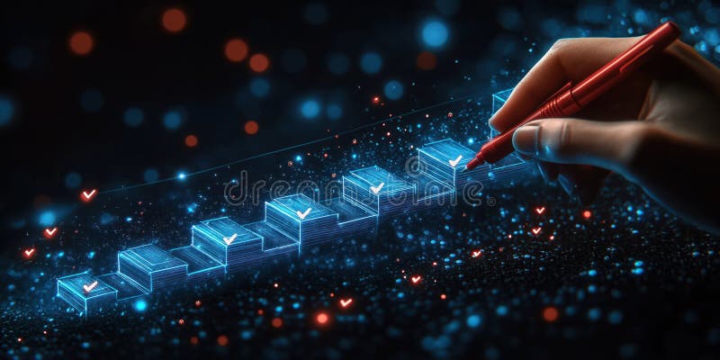 Hand Draws Digital Staircase Steps with Glowing Blue Lines, Red ...