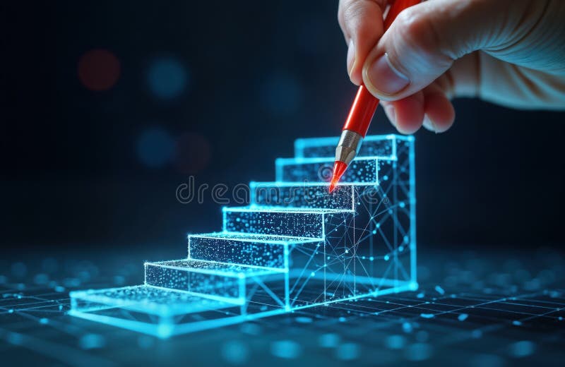 Hand Draws Digital Staircase. Tech Progress Concept. Modern Graphic ...